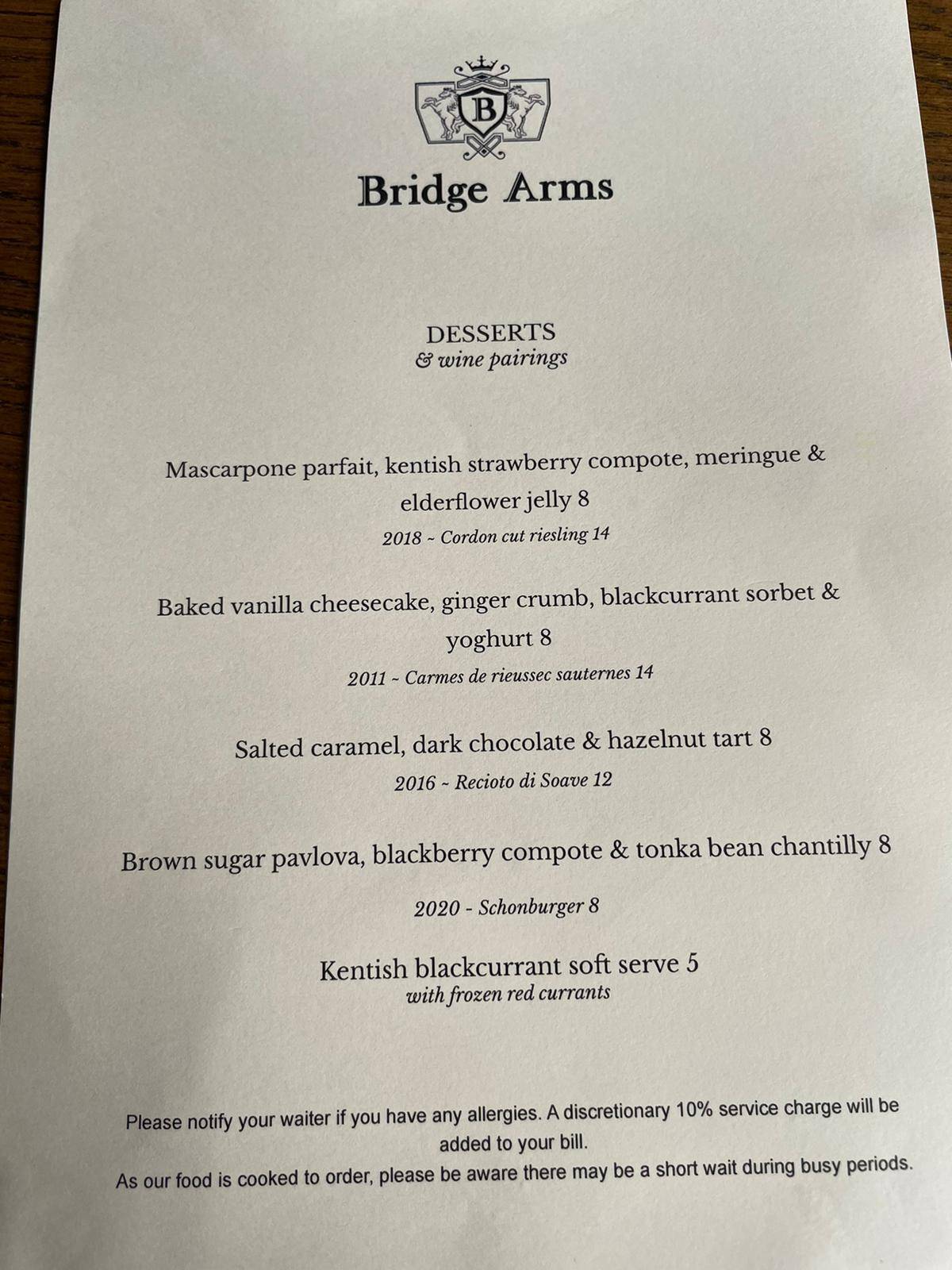 Carta del restaurante The Bridge Arms, Bridge