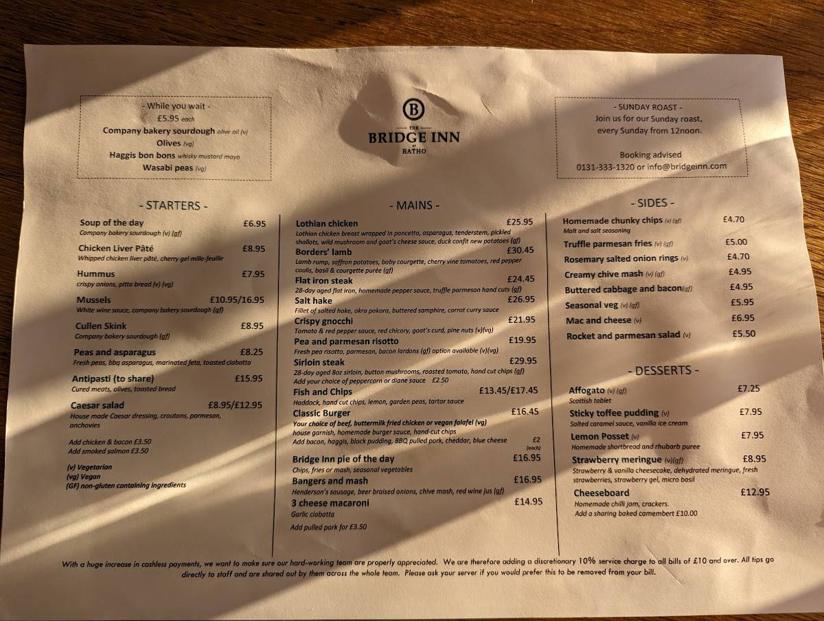 Menu at The Bridge Inn pub & bar, Ratho