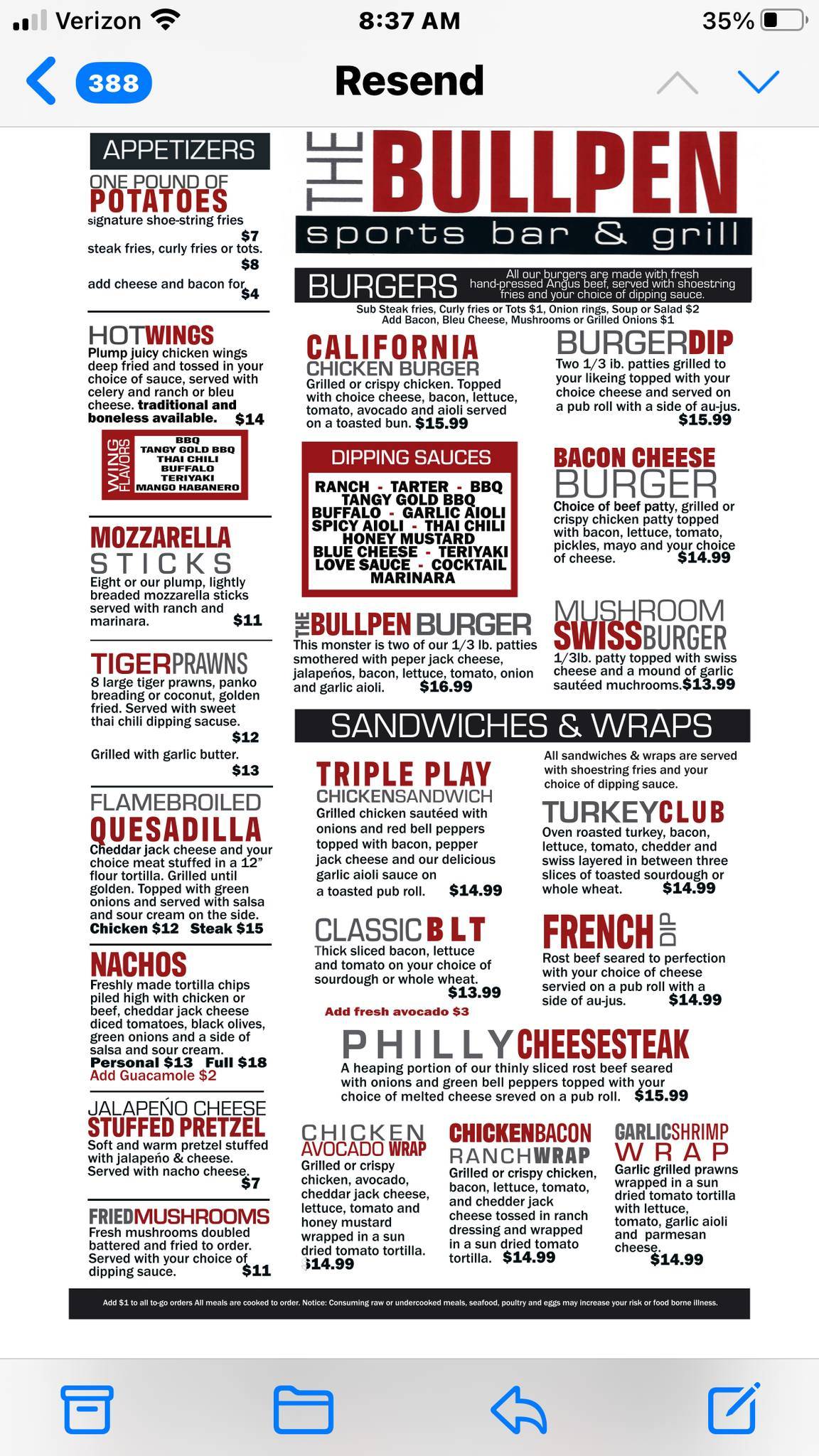 Menu at The Bull Pen Sports Bar and Grill, Sedro-Woolley