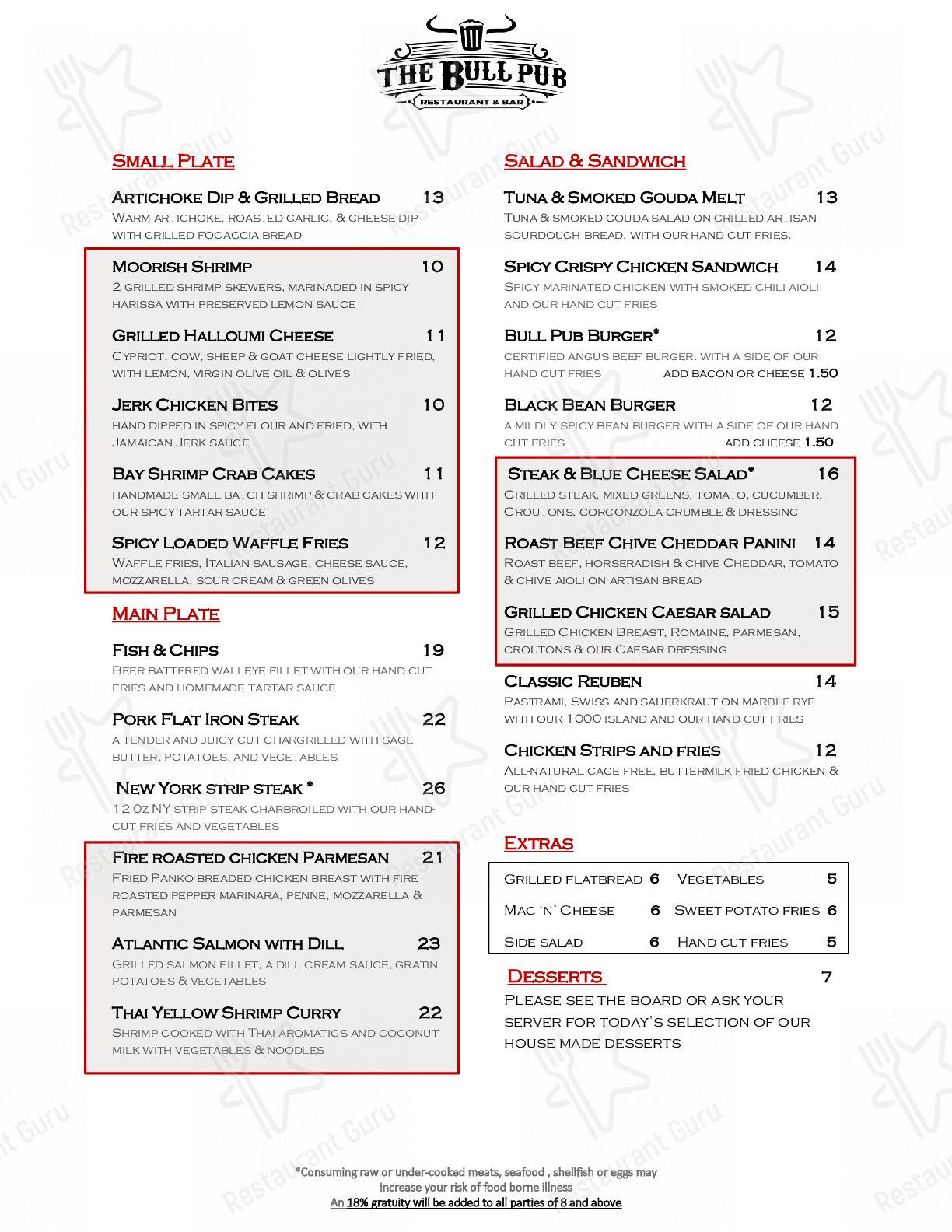 Menu at The Bull Pub, Cowley