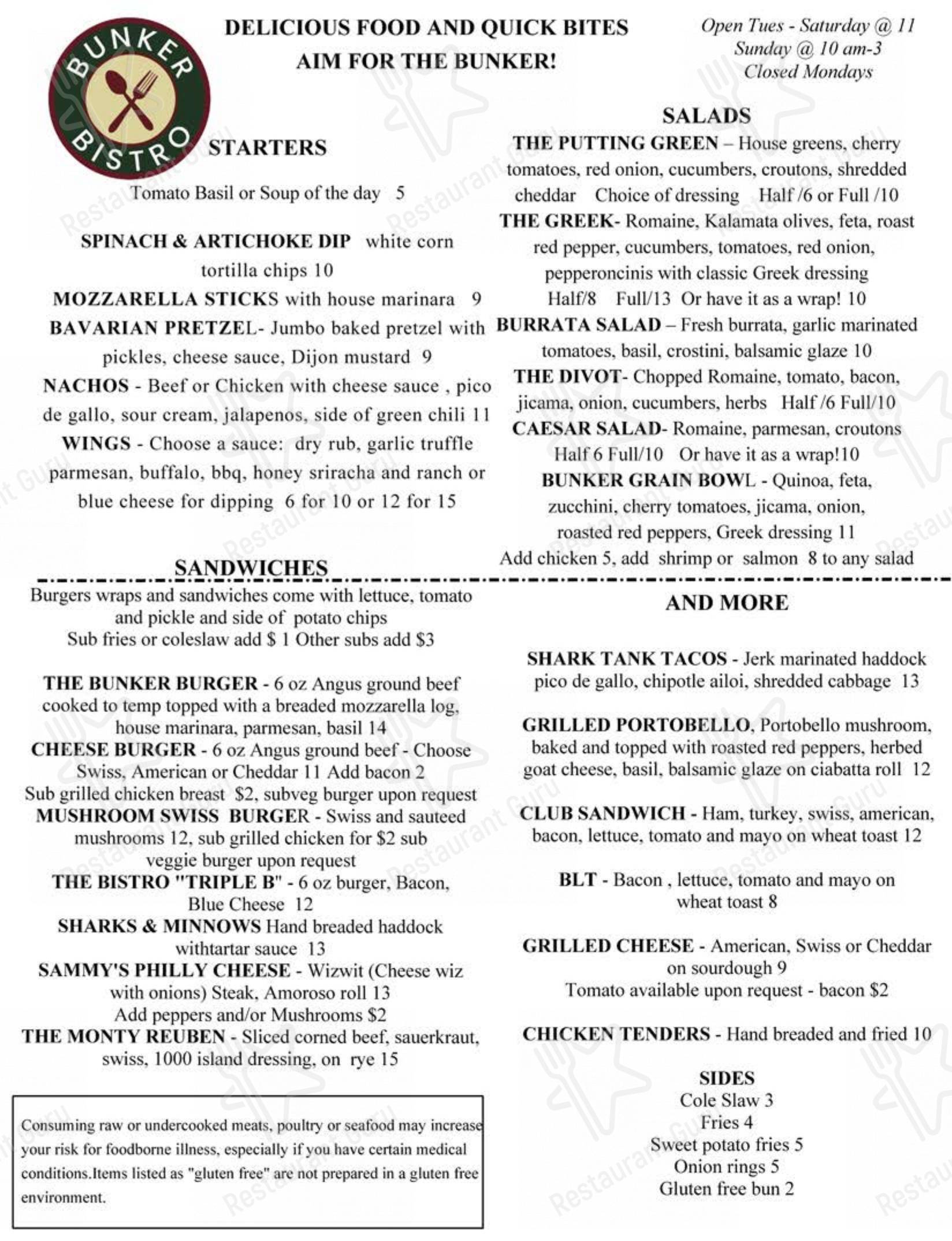 Menu at The Bunker Bistro restaurant, Lake Monticello