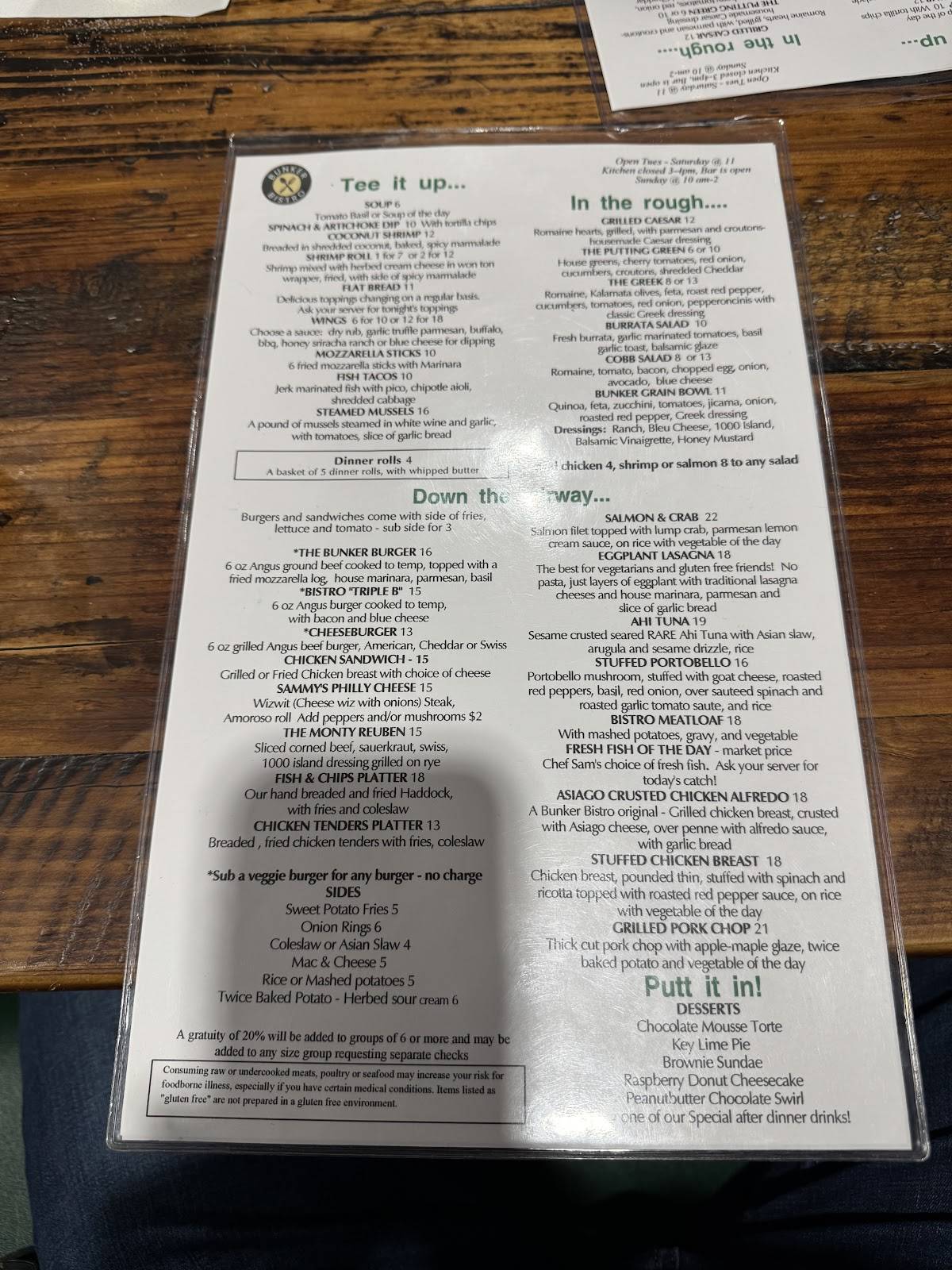 Menu at The Bunker Bistro restaurant, Lake Monticello