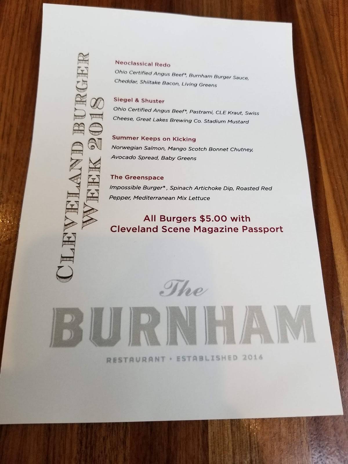 Menu at The Burnham restaurant, Cleveland