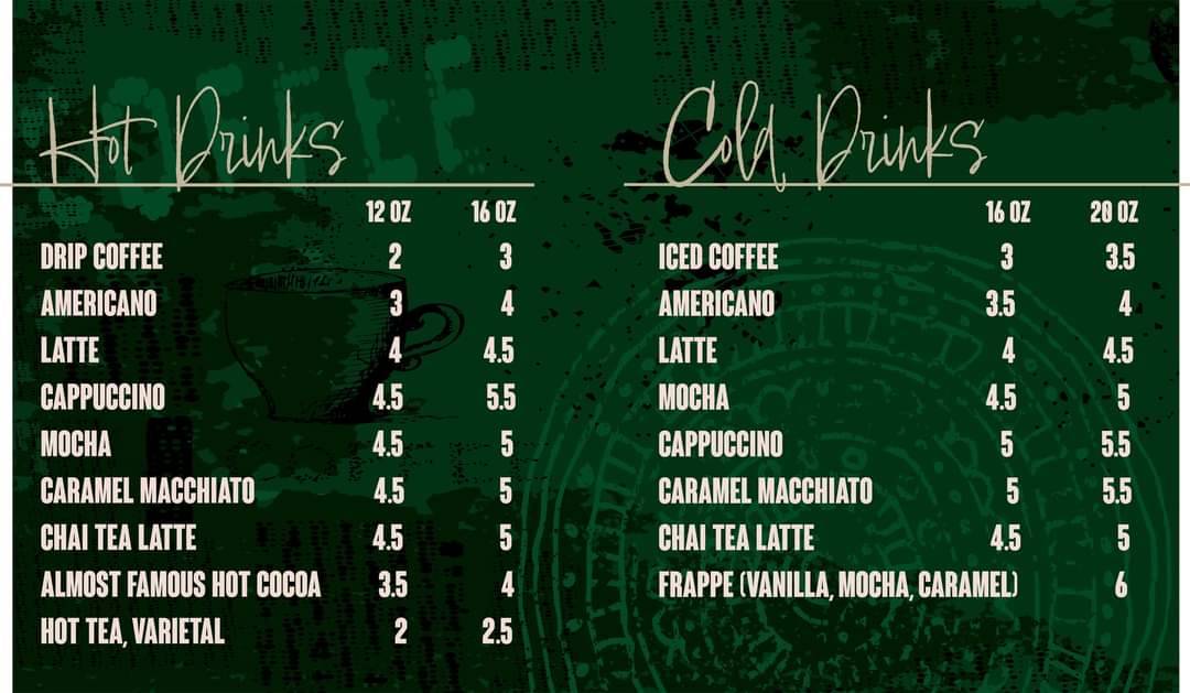 Menu at The Caffeination Station pub & bar, Palmyra