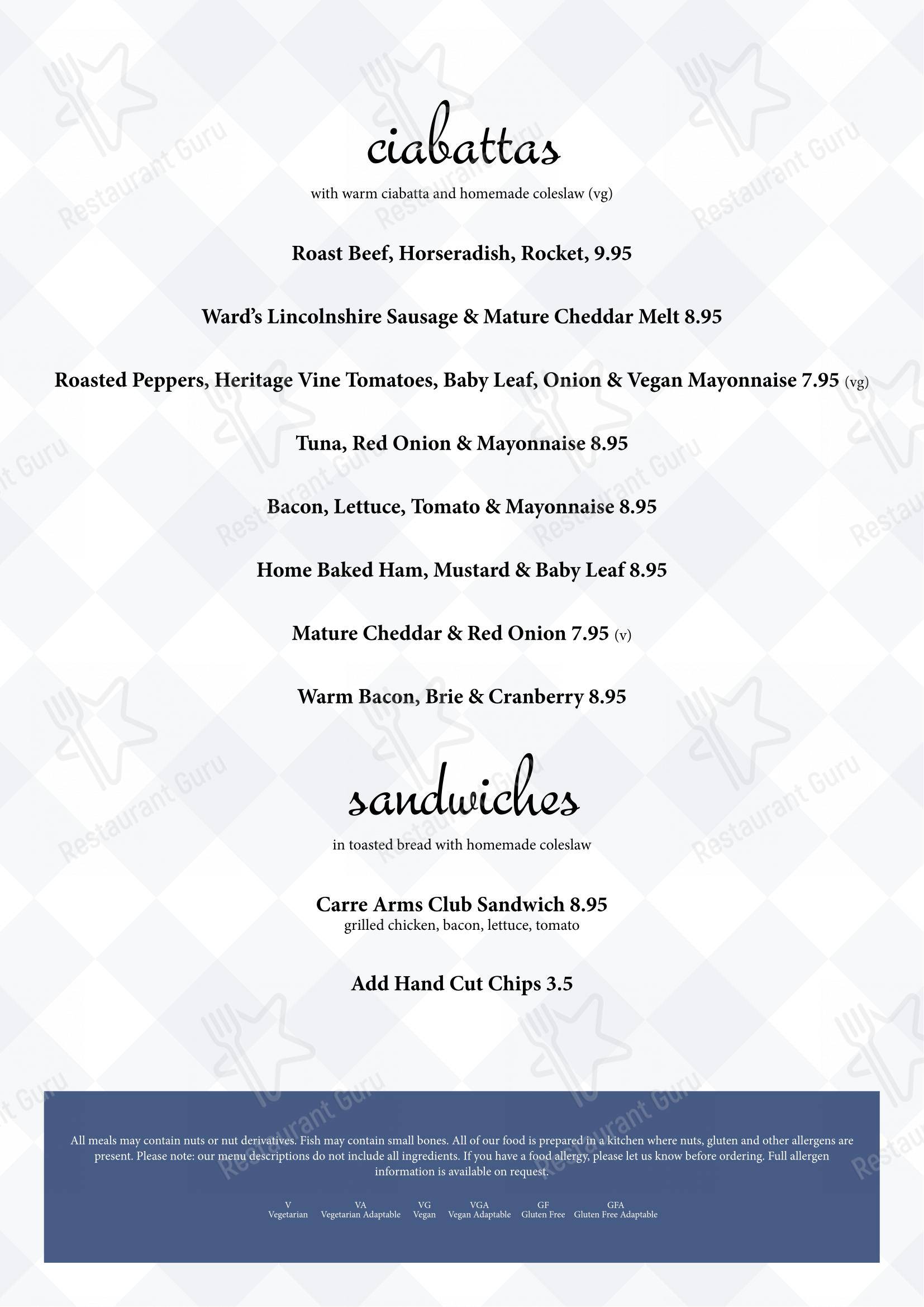 Menu at The Carre Arms Hotel and Restaurant, Sleaford
