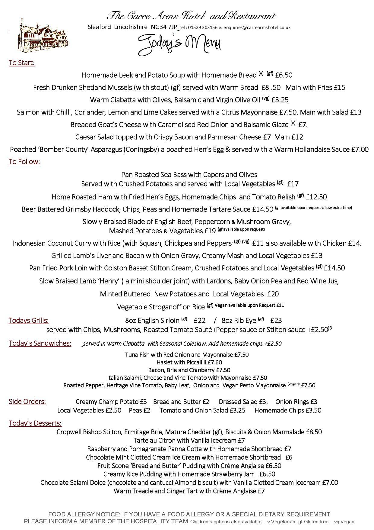 Menu at The Carre Arms Hotel and Restaurant, Sleaford