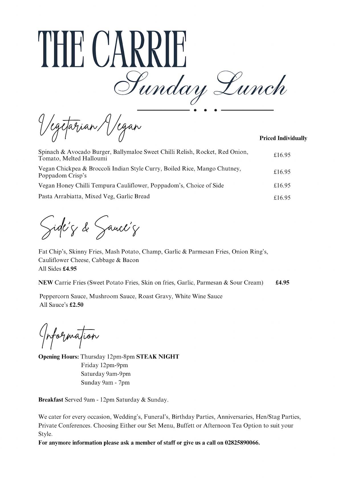 Menu at The Carrie Restaurant, Kells