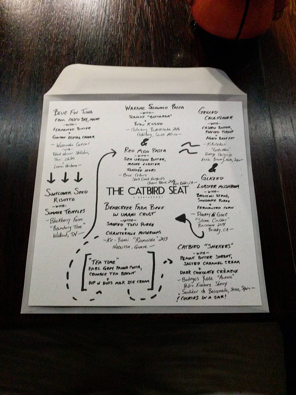 Menu at The Catbird Seat restaurant, Nashville