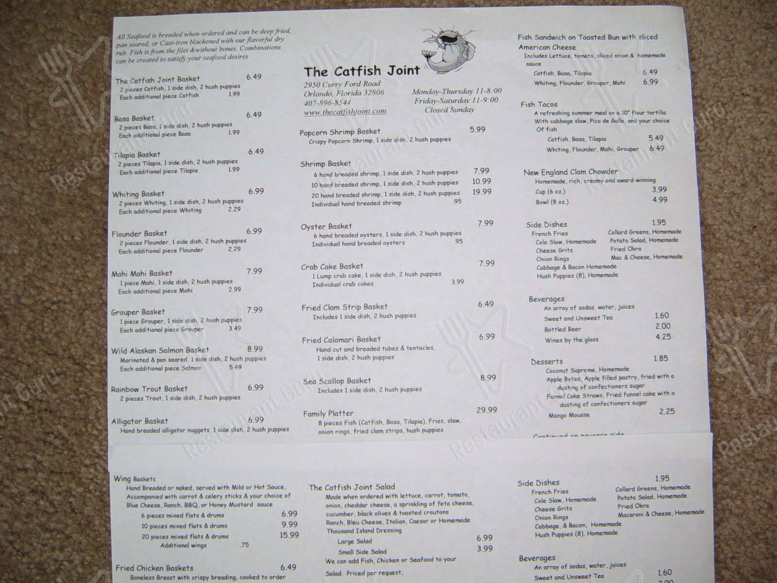 Menu at The Catfish Joint restaurant, Orlando