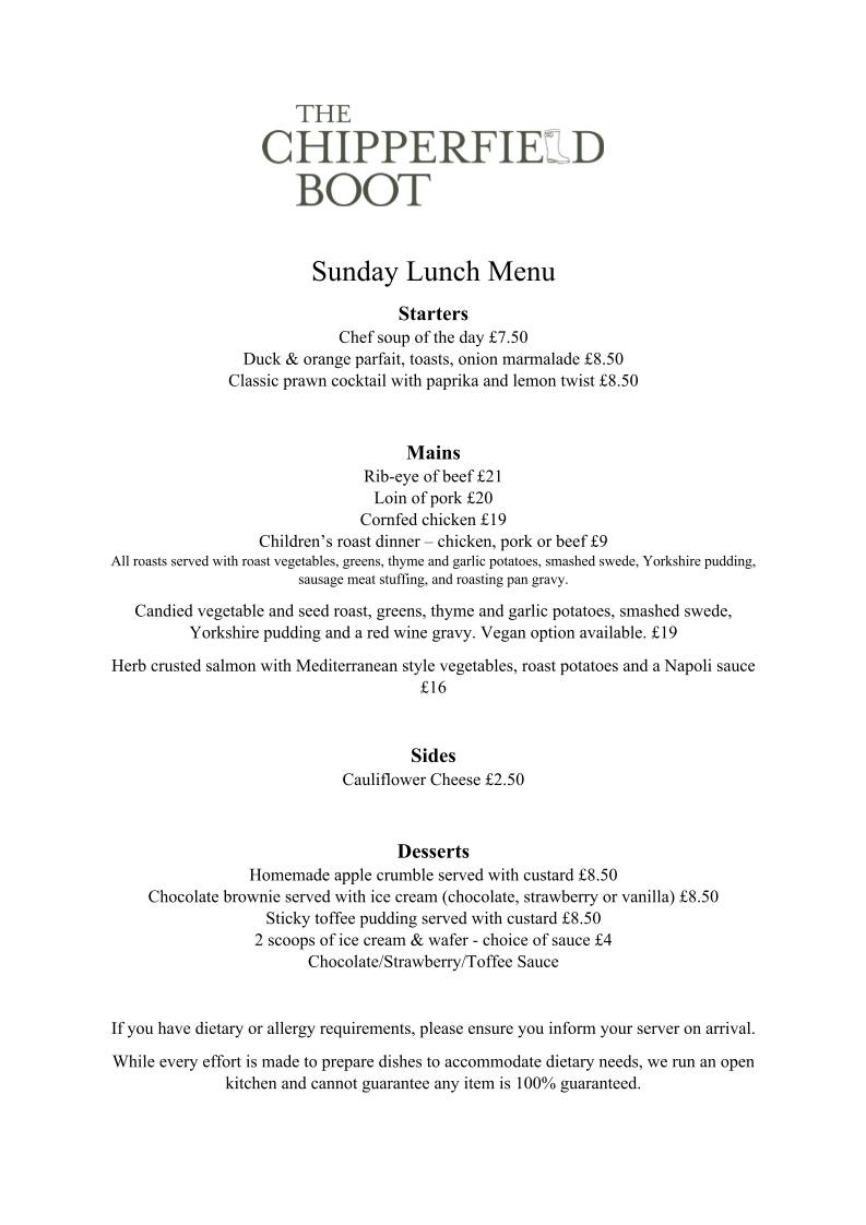 Menu at The Chipperfield Boot pub & bar, Kings Langley, Tower Hill