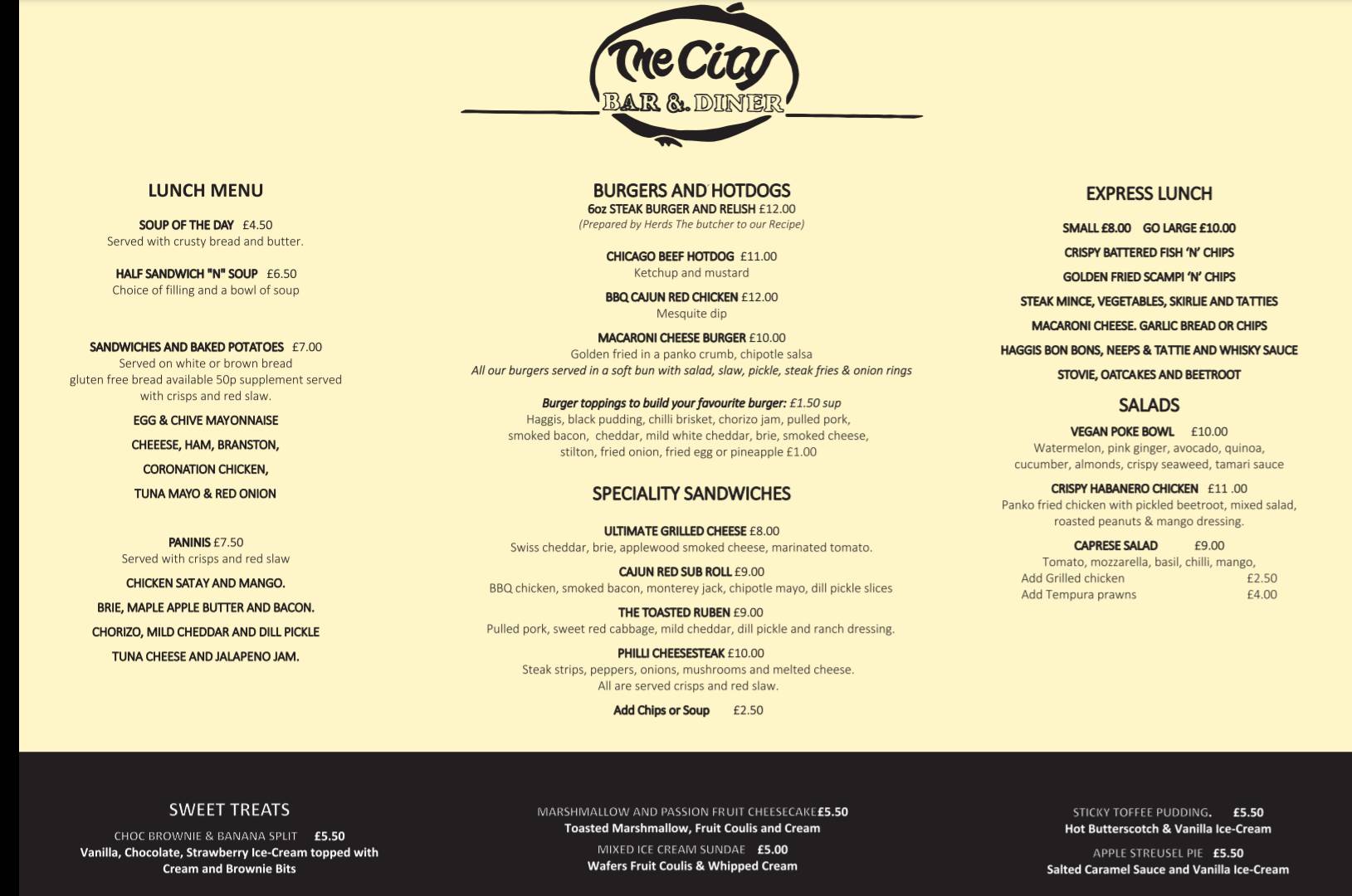 Menu at The City Bar and Diner, Aberdeen, 37-39 Netherkirkgate
