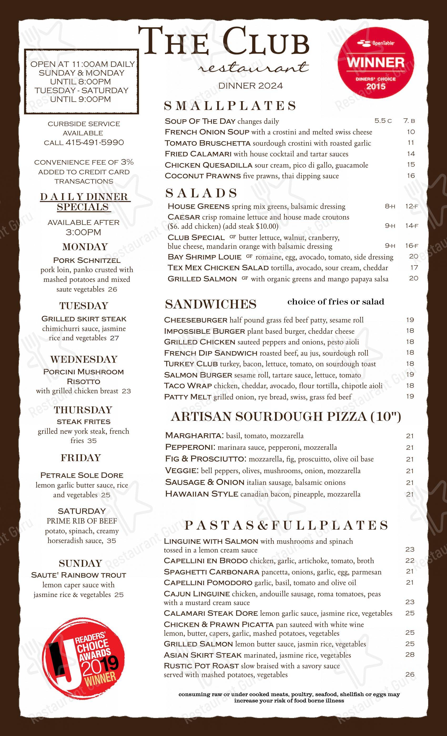 Menu at The Club Restaurant, San Rafael