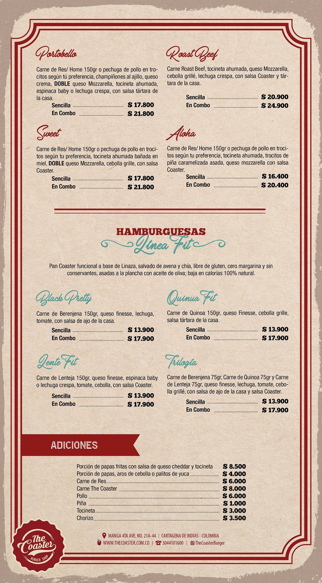 Menu at The Coaster restaurant, Cartagena