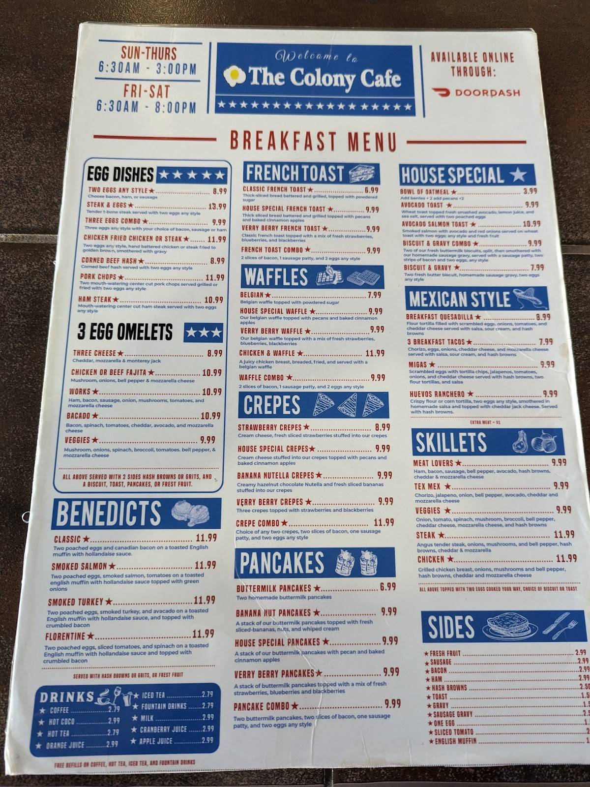 Menu at The Colony Cafe, The Colony, S Colony Blvd Ste.120