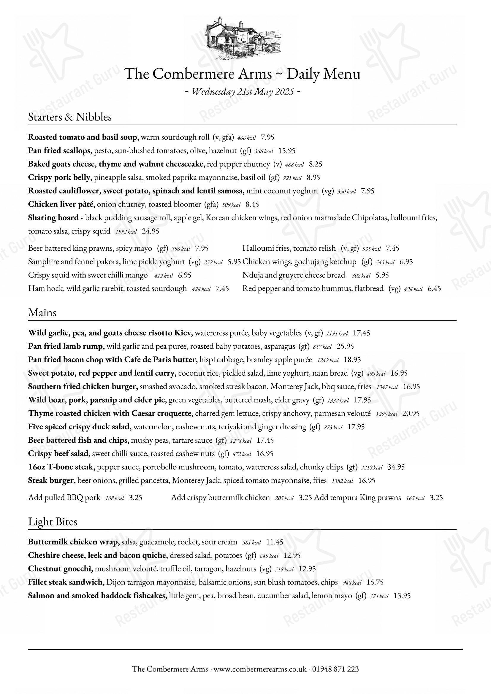 Menu at The Combermere Arms pub & bar, Whitchurch Rural, Burleydam