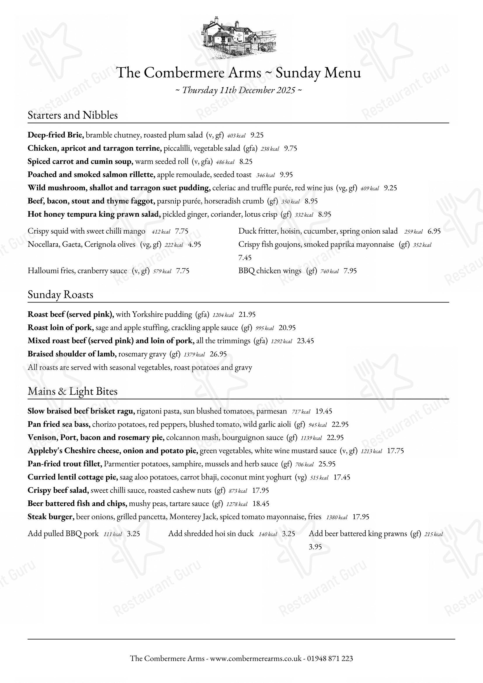 Menu at The Combermere Arms pub & bar, Whitchurch Rural, Burleydam