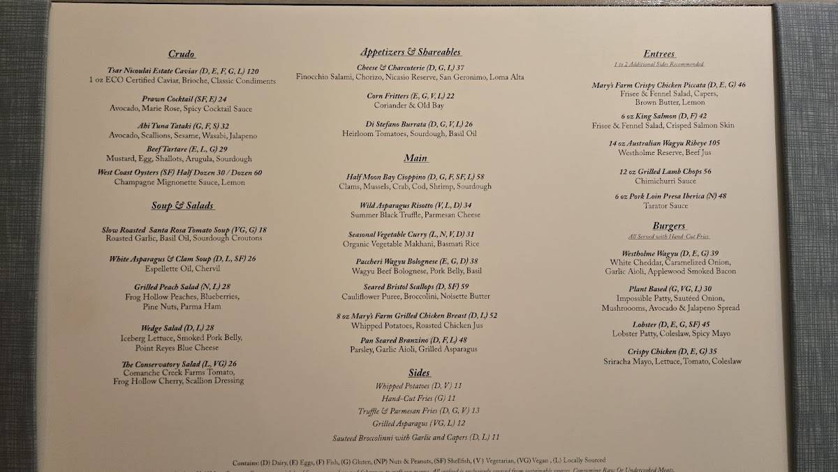 Menu at The Conservatory restaurant, Half Moon Bay