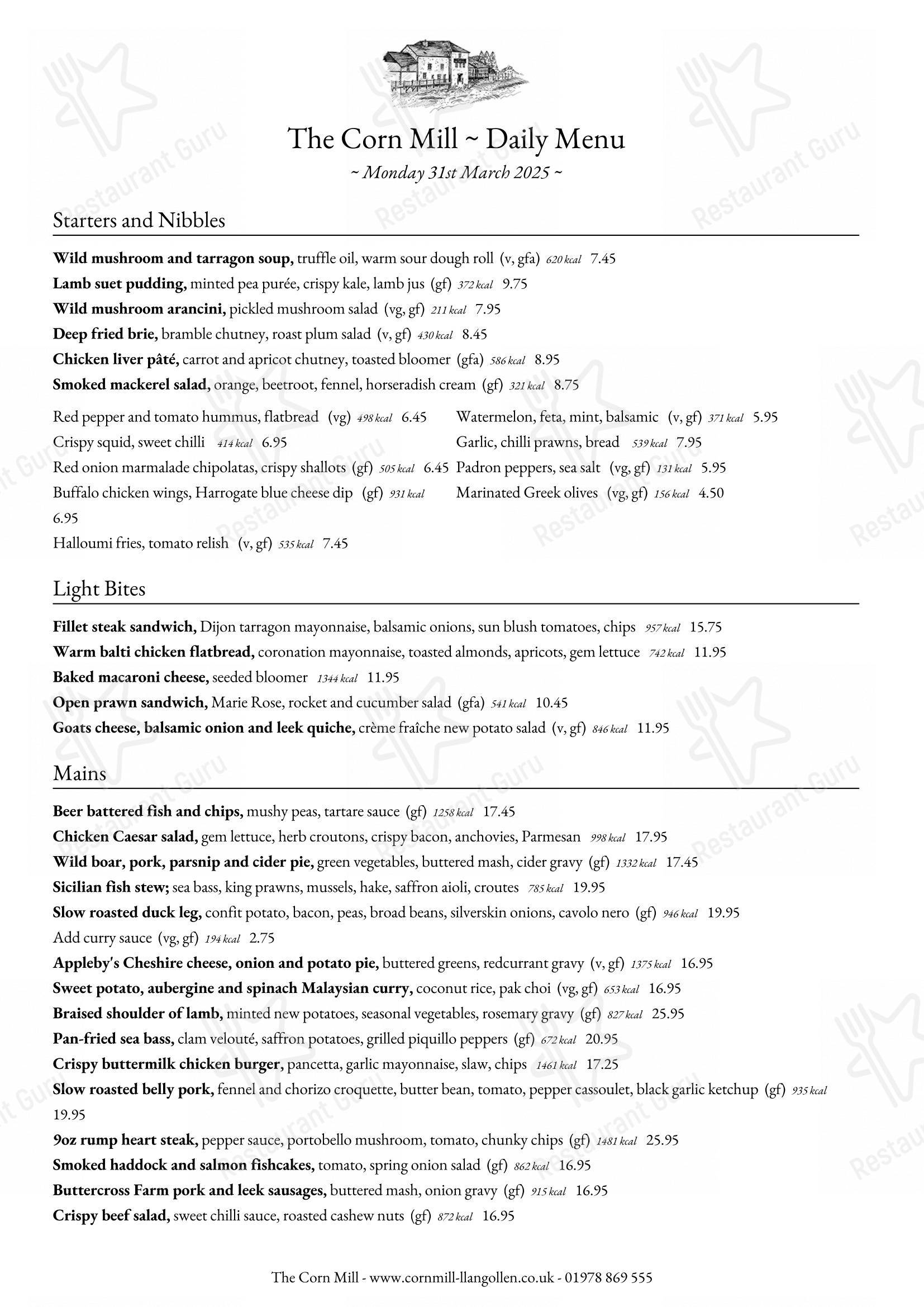 Menu at The Corn Mill pub & bar, Llangollen