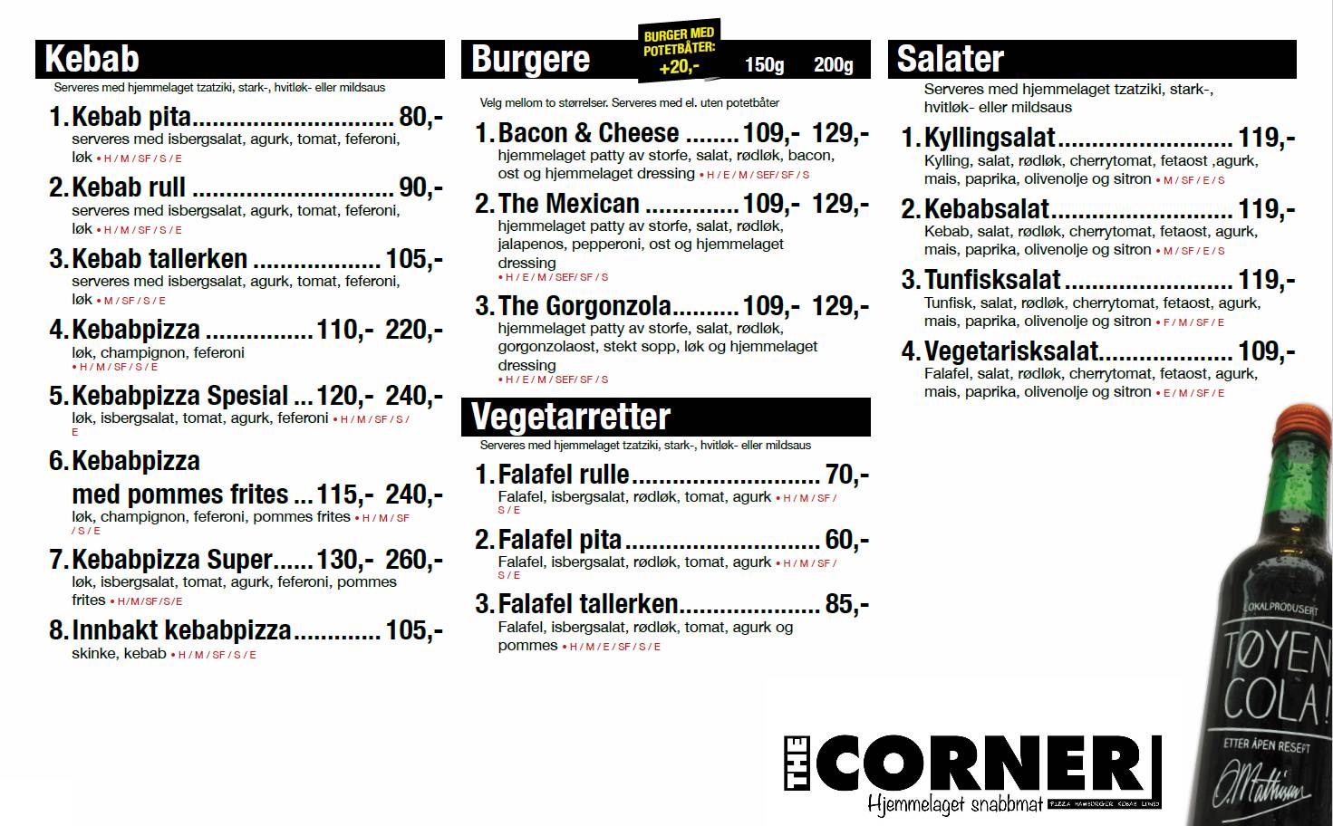 Menu at The Corner pizzeria, Oslo, Hausmanns gate 51