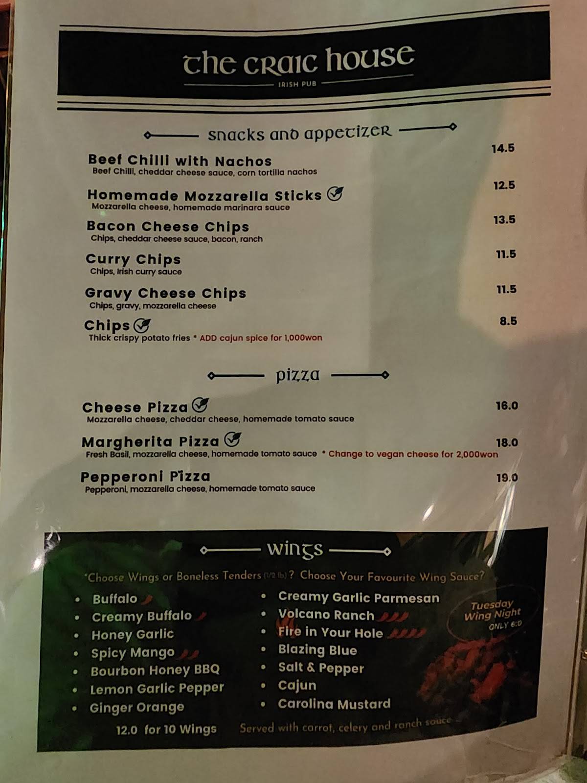 Menu at The Craic House pub & bar, Seoul, 4th Floor
