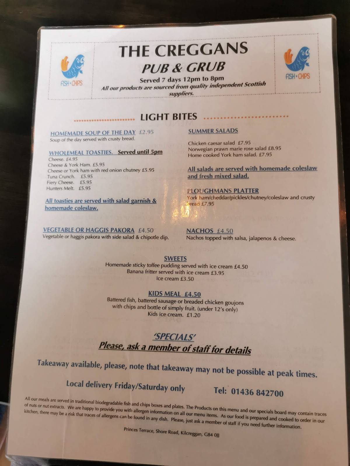 Menu at The Creggans Bar Kilcreggan, Rosneath