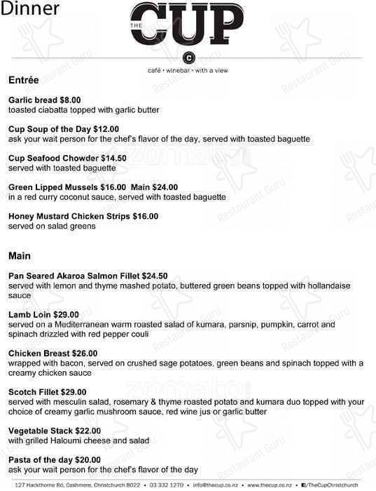 Menu at Dusk bar, Christchurch