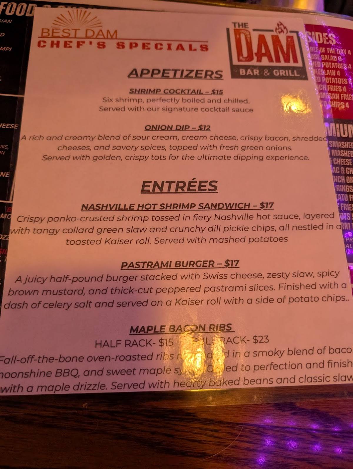 Menu at The Dam Bar & Grill, Lowell