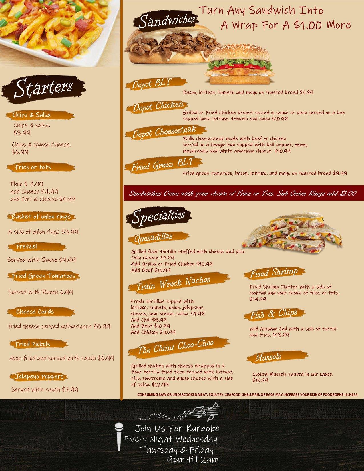 Menu at The Depot Sports Bar & Grill, Covington