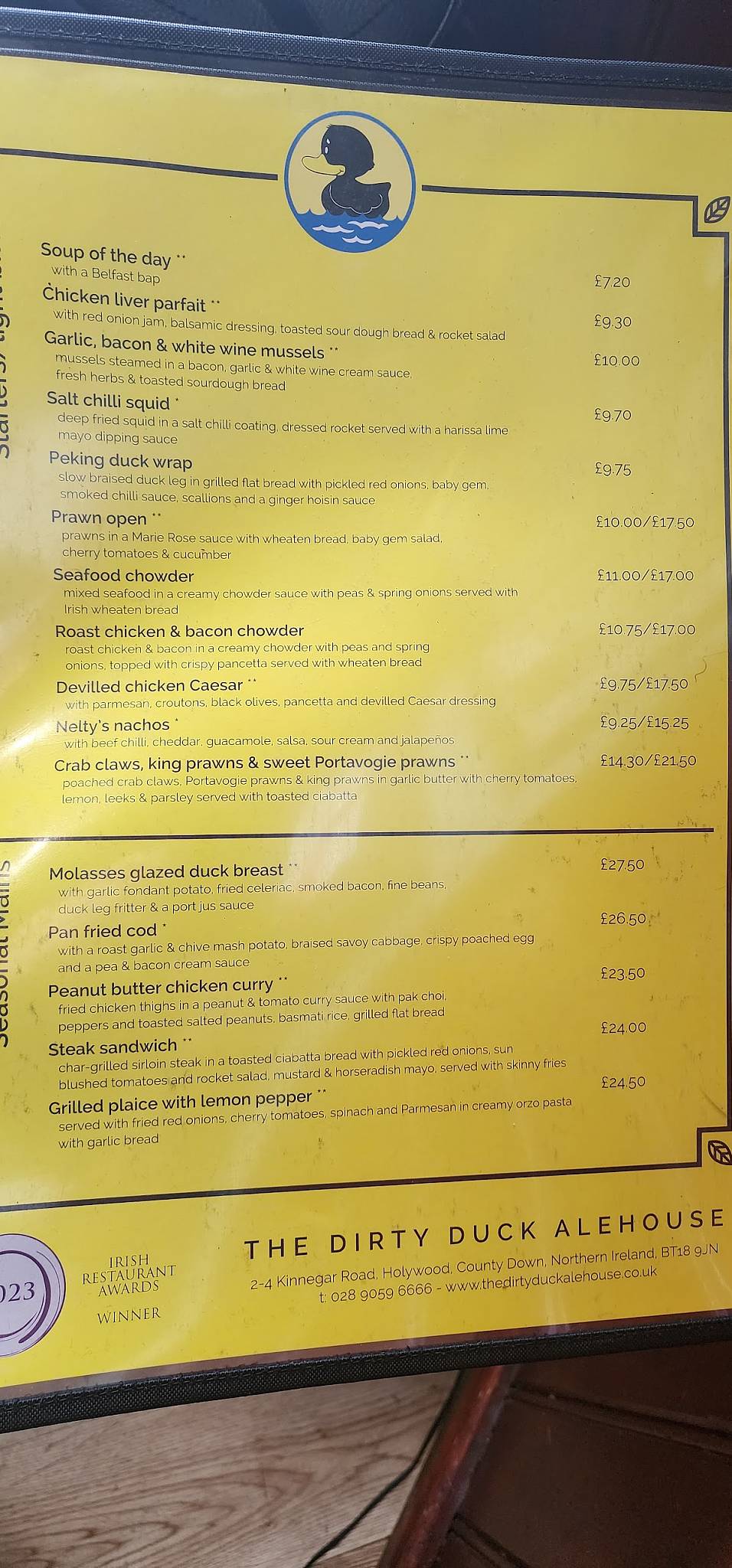 Menu at The Dirty Duck Alehouse pub & bar, Holywood