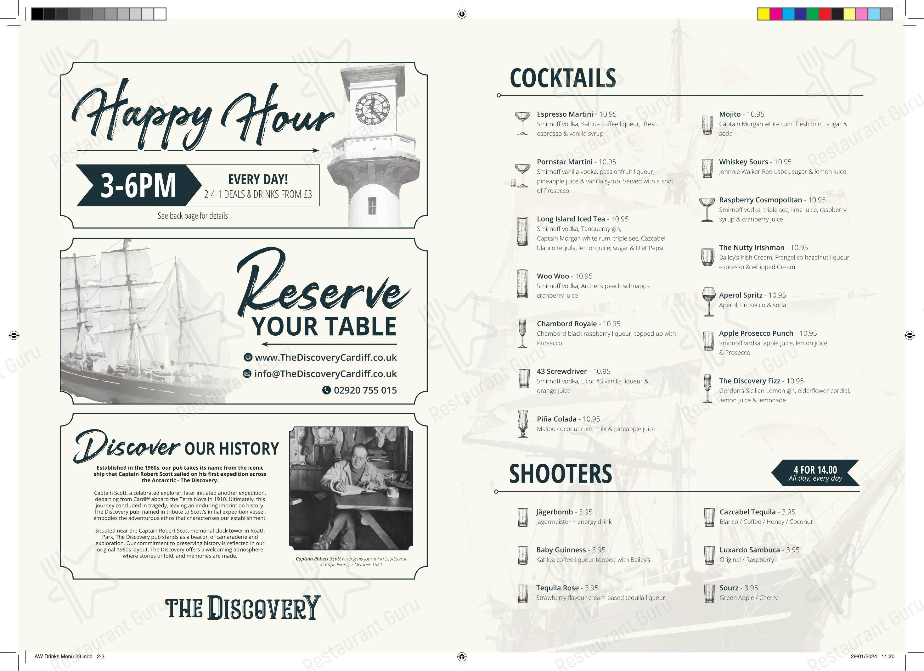 Menu at The Discovery pub & bar, Cardiff, Celyn Ave