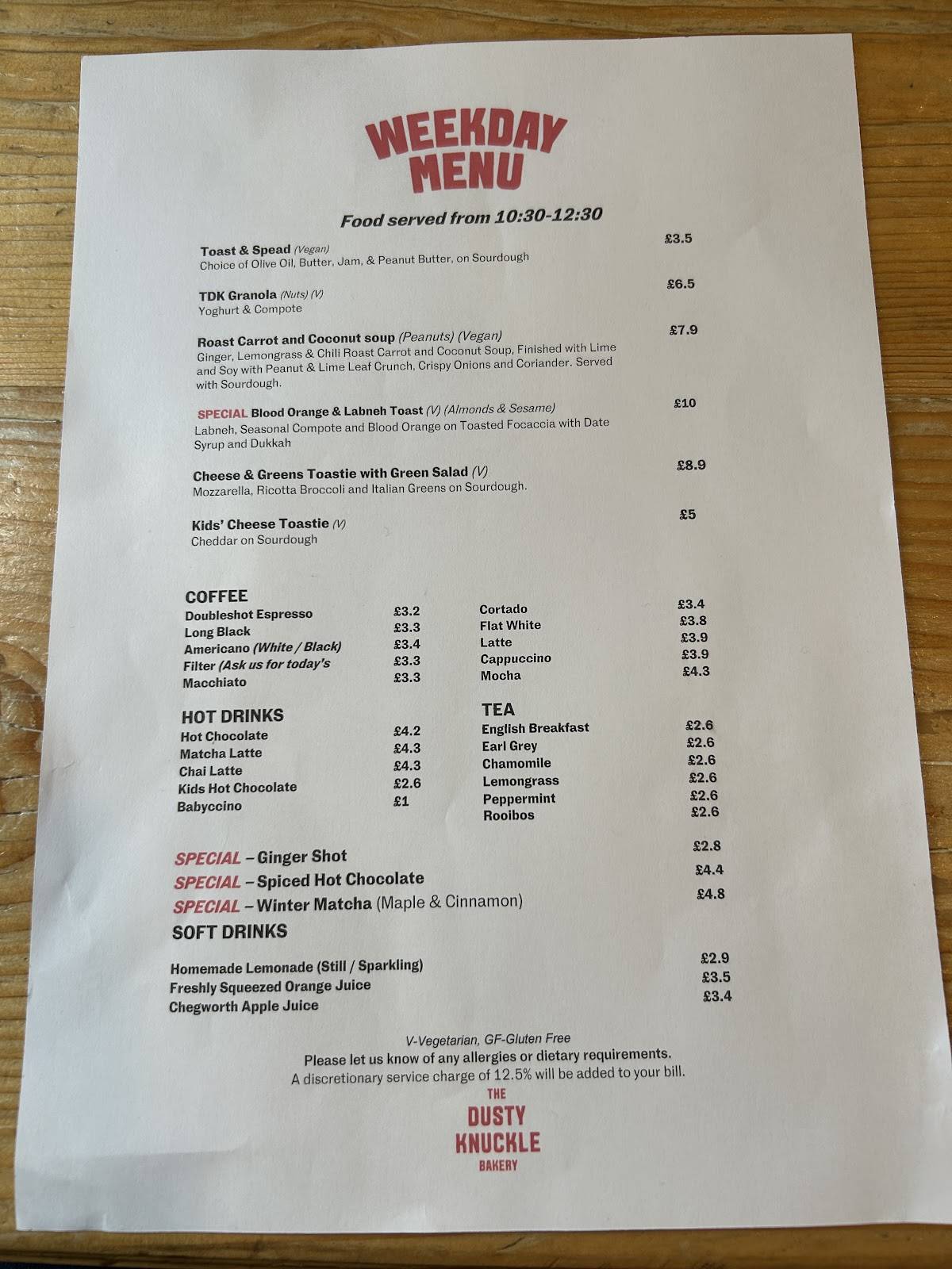 Menu at The Dusty Knuckle Harringay cafe, London