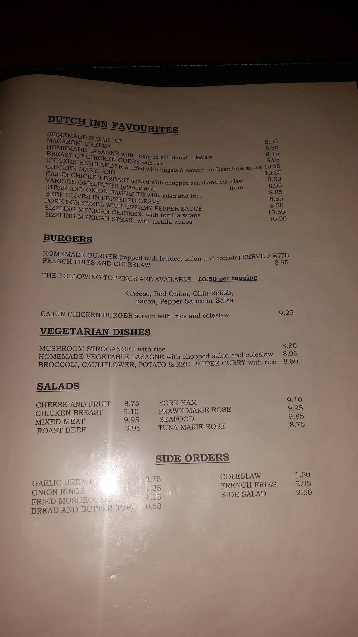 Menu at The Dutch Inn restaurant, Falkirk