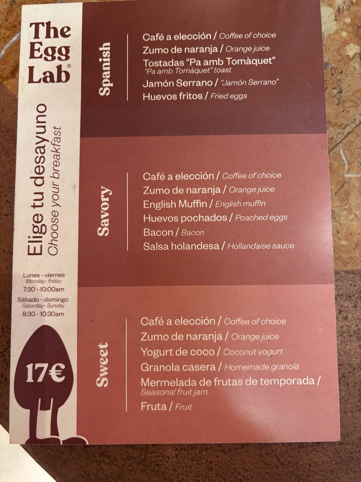 Carta del restaurante The Egg Lab, Barcelona, Carrer del Bruc
