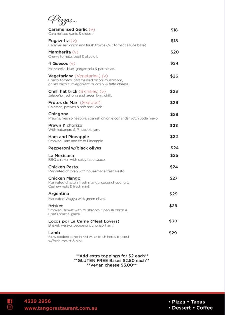 Menu at Tango Pizza-Tapas Restaurant, The Entrance