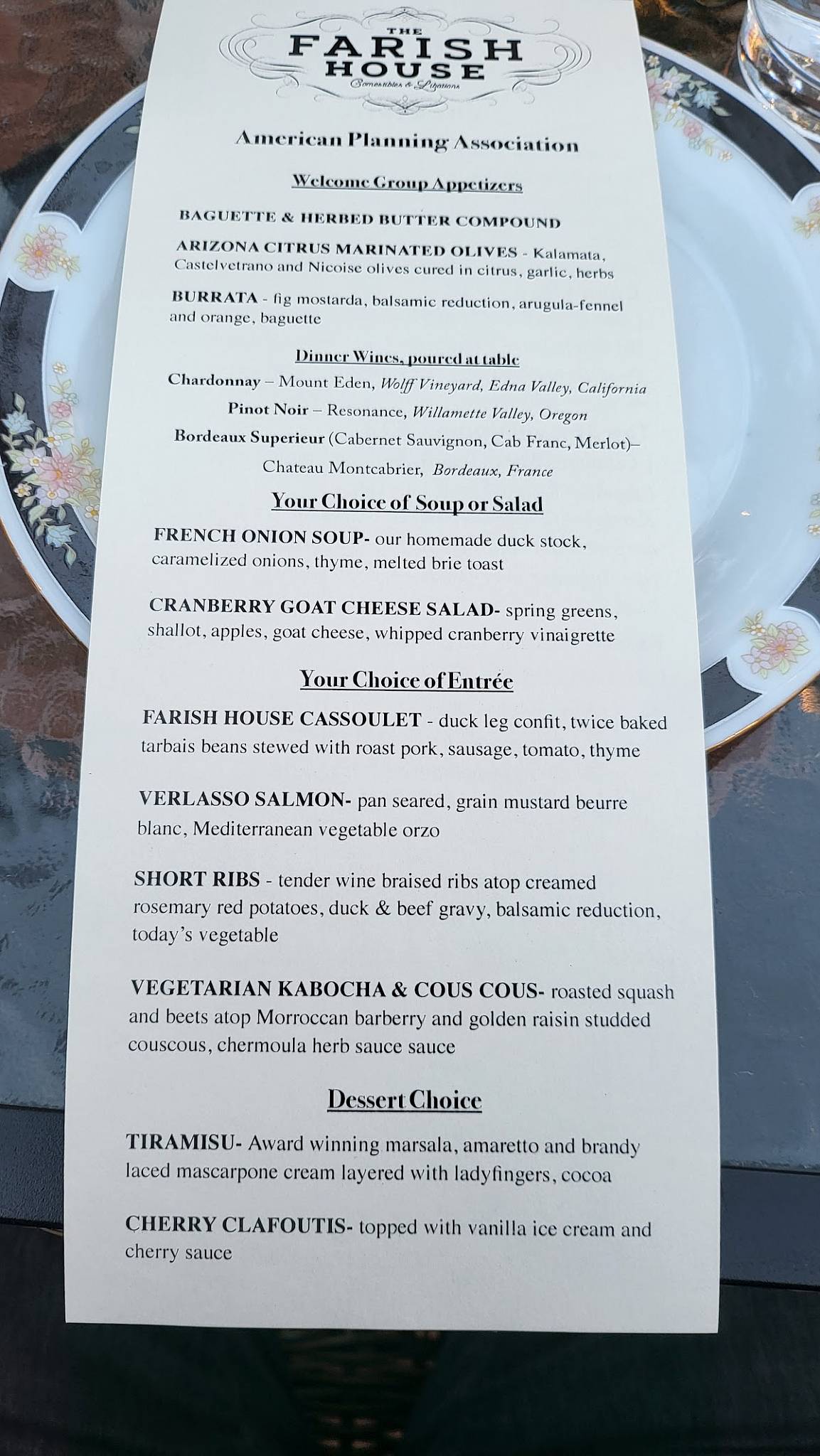 Menu at The Farish House restaurant, Phoenix