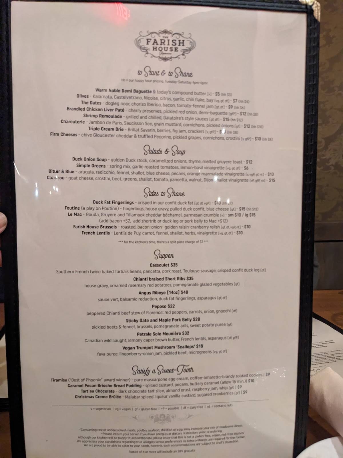 Menu at The Farish House restaurant, Phoenix