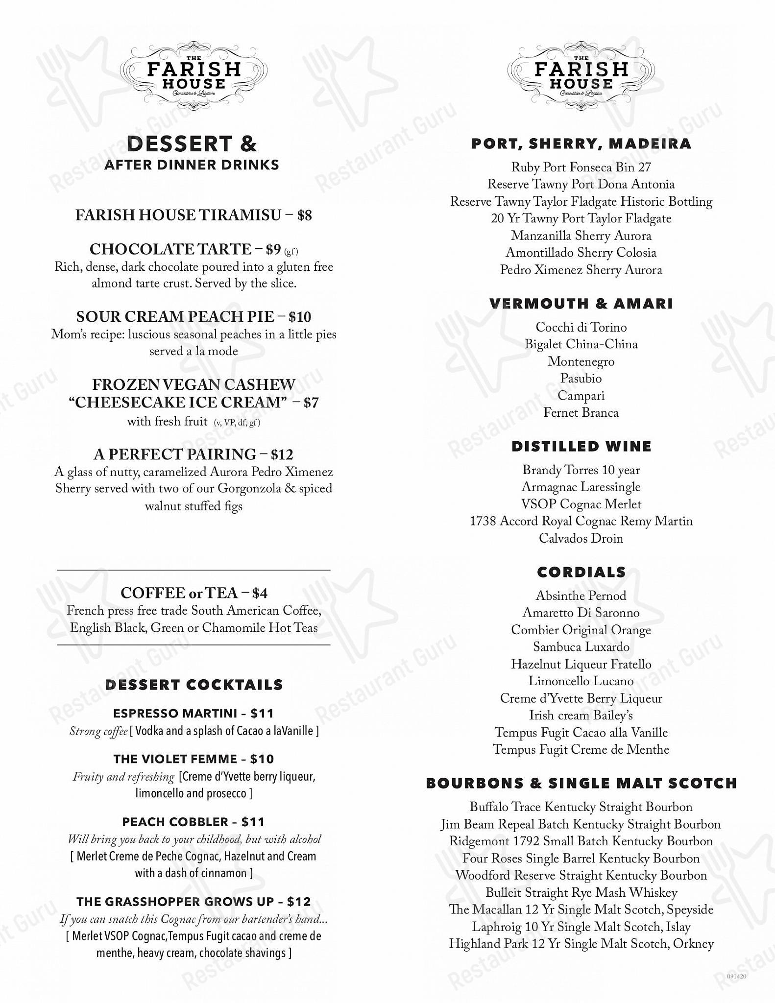 Menu at The Farish House restaurant, Phoenix