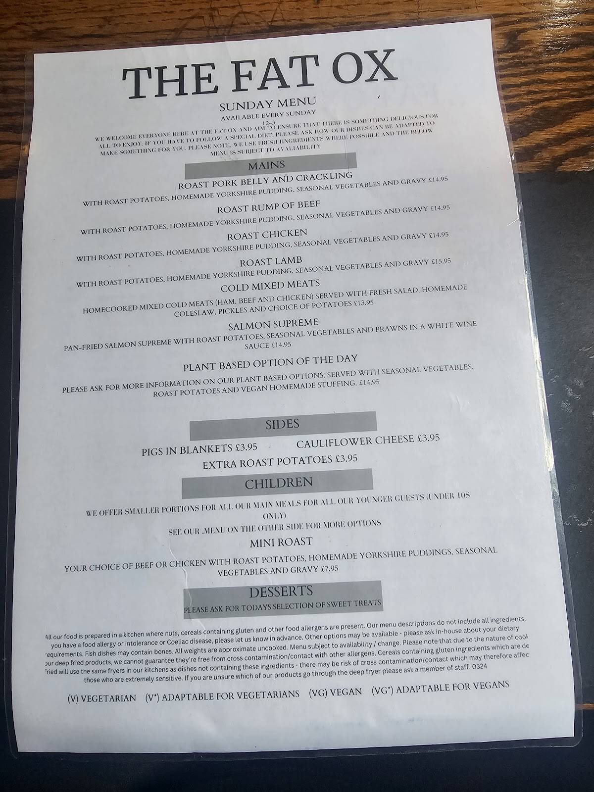 Menu at The Fat Ox pub & bar, Tenterden