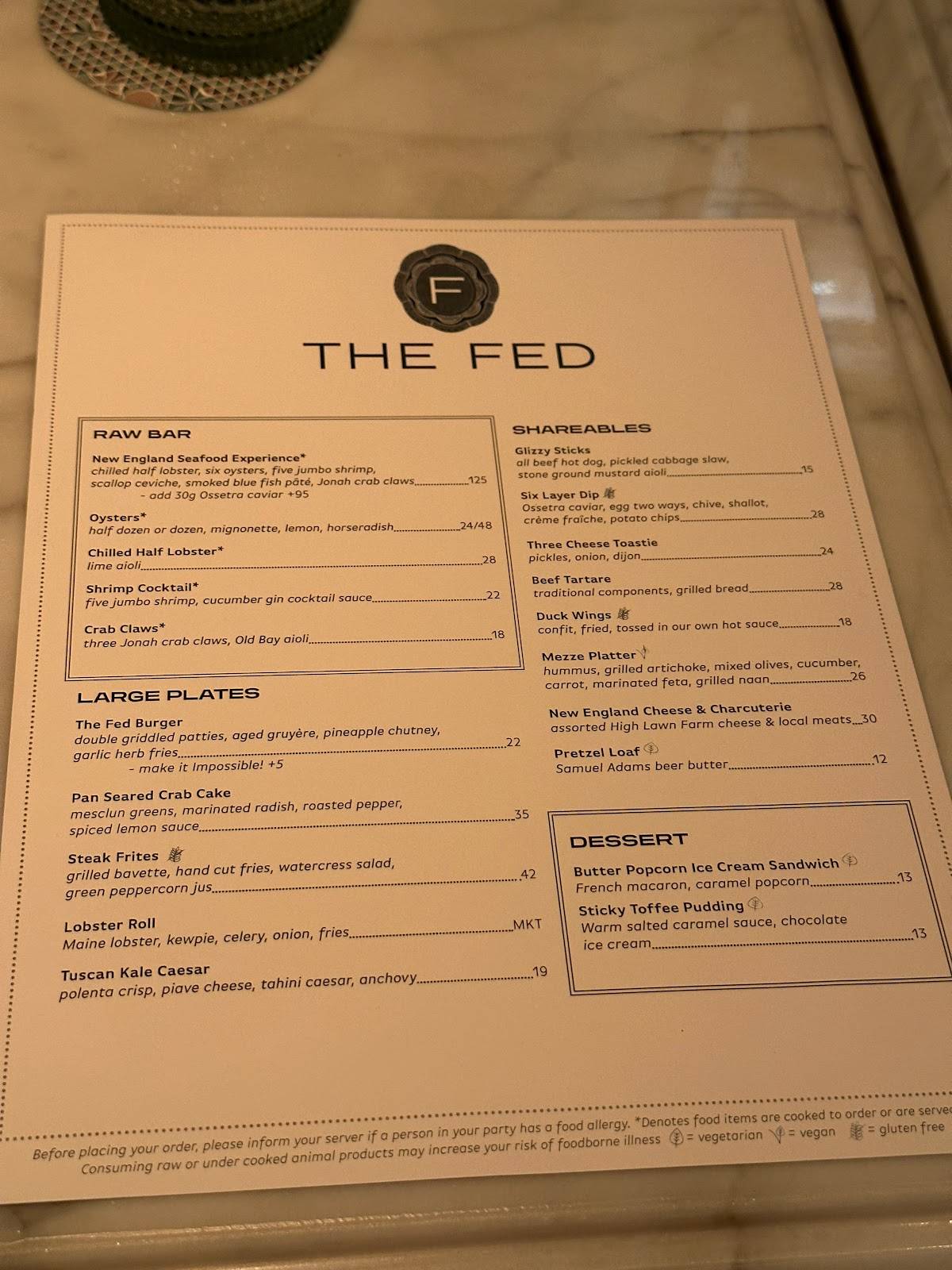 Menu at The Fed at The Langham, Boston pub & bar, Boston