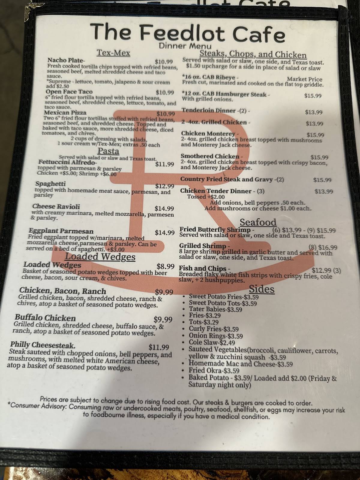 Menu at The Feed Lot restaurant, Greenfield