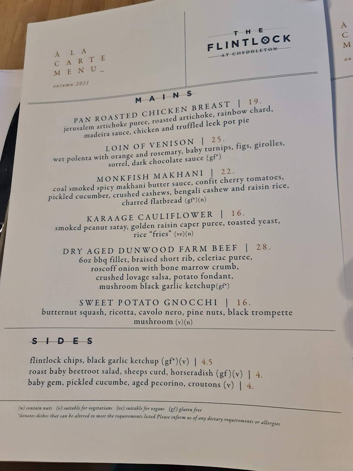 Menu at The Flintlock at Cheddleton restaurant, Leek