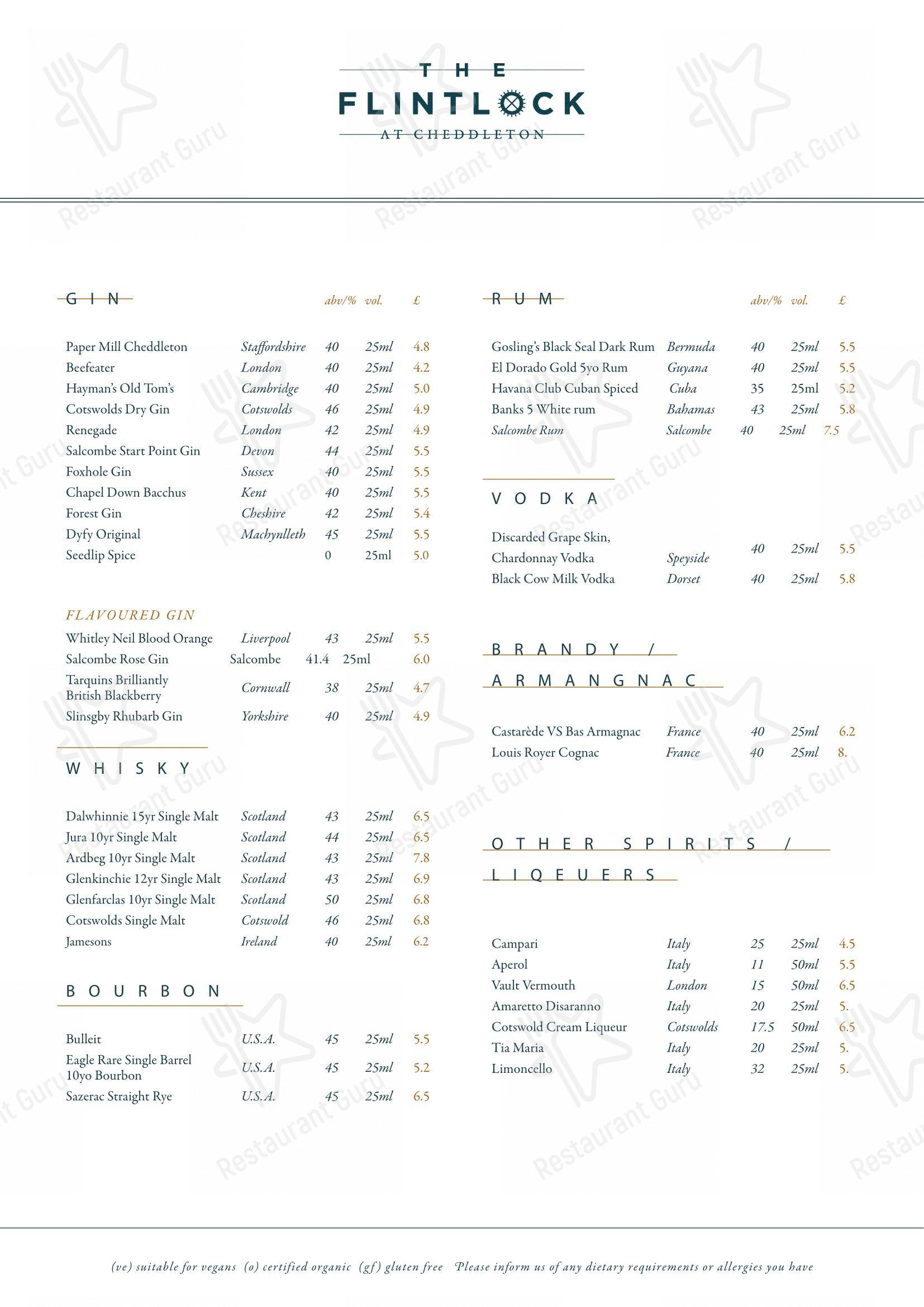 Carta del restaurante The Flintlock at Cheddleton, Cheddleton