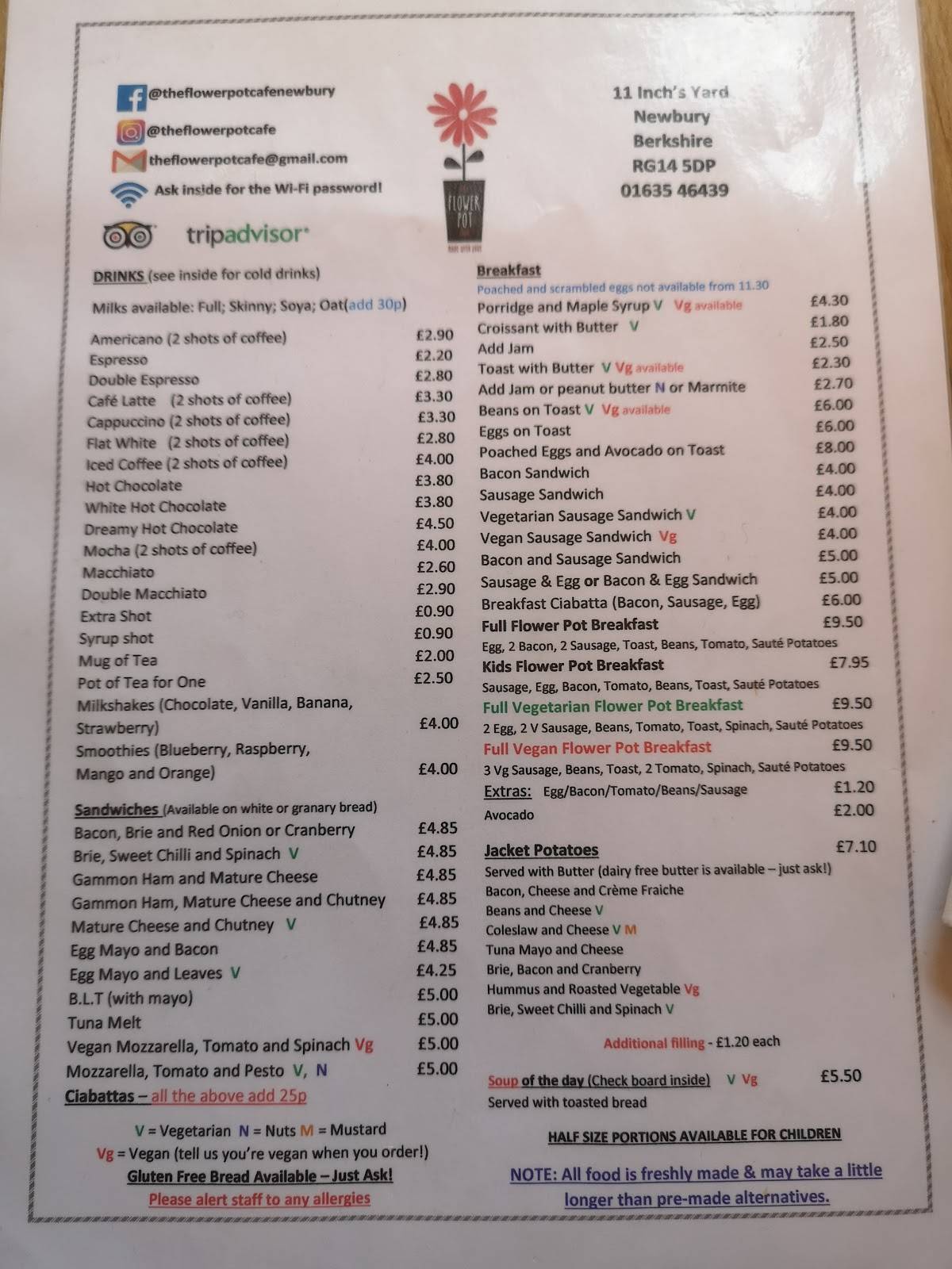 Menu at The Flower Pot Cafe, Newbury