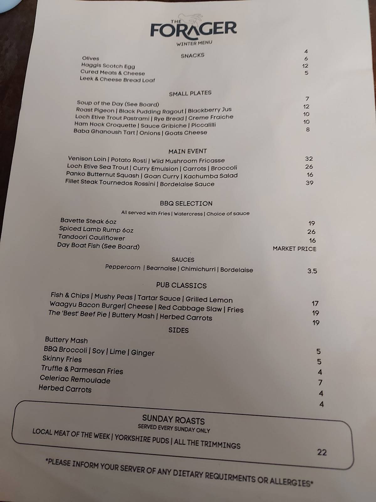Menu at The Forager restaurant, Dollar, 19-23 Bridge St