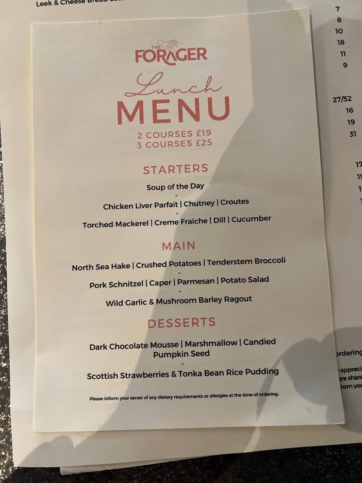 Menu at The Forager restaurant, Dollar, 19-23 Bridge St