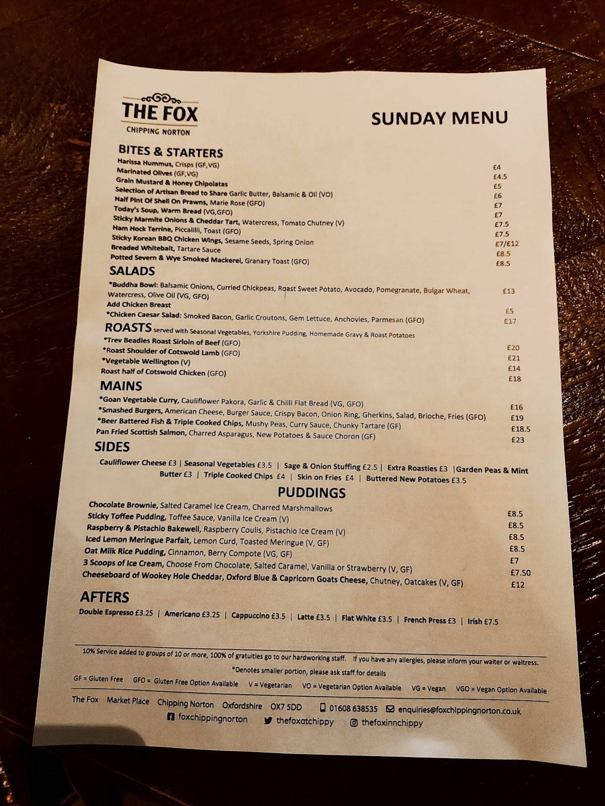 Menu at The Fox pub & bar, Chipping Norton