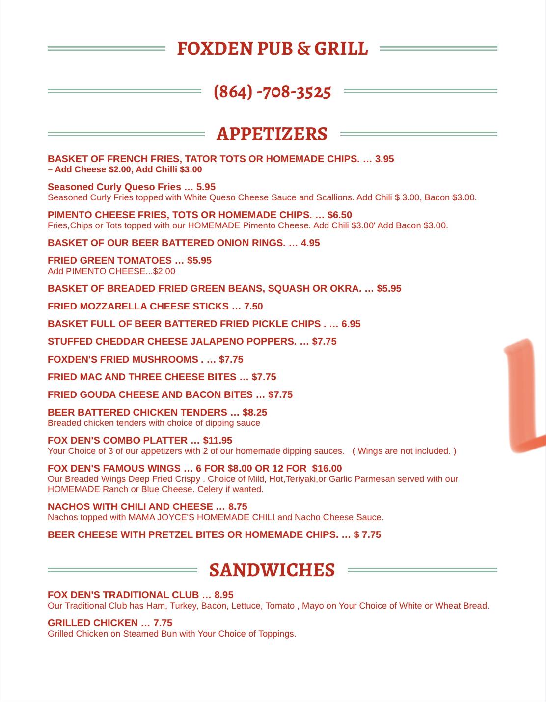 Menu at The Fox Den Pub & Grill, Inman