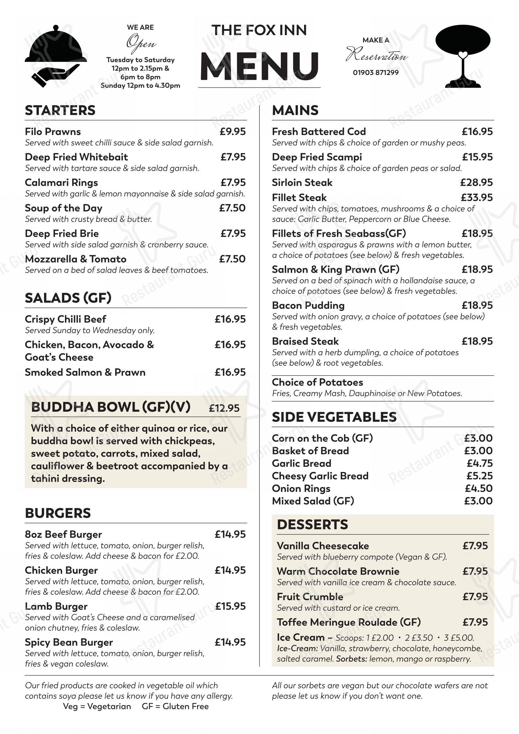 Menu at The Fox Inn, Patching pub & bar, Worthing