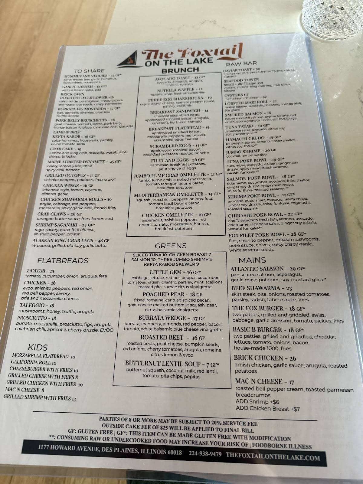 Menu at The Foxtail On The Lake pub & bar, Des Plaines