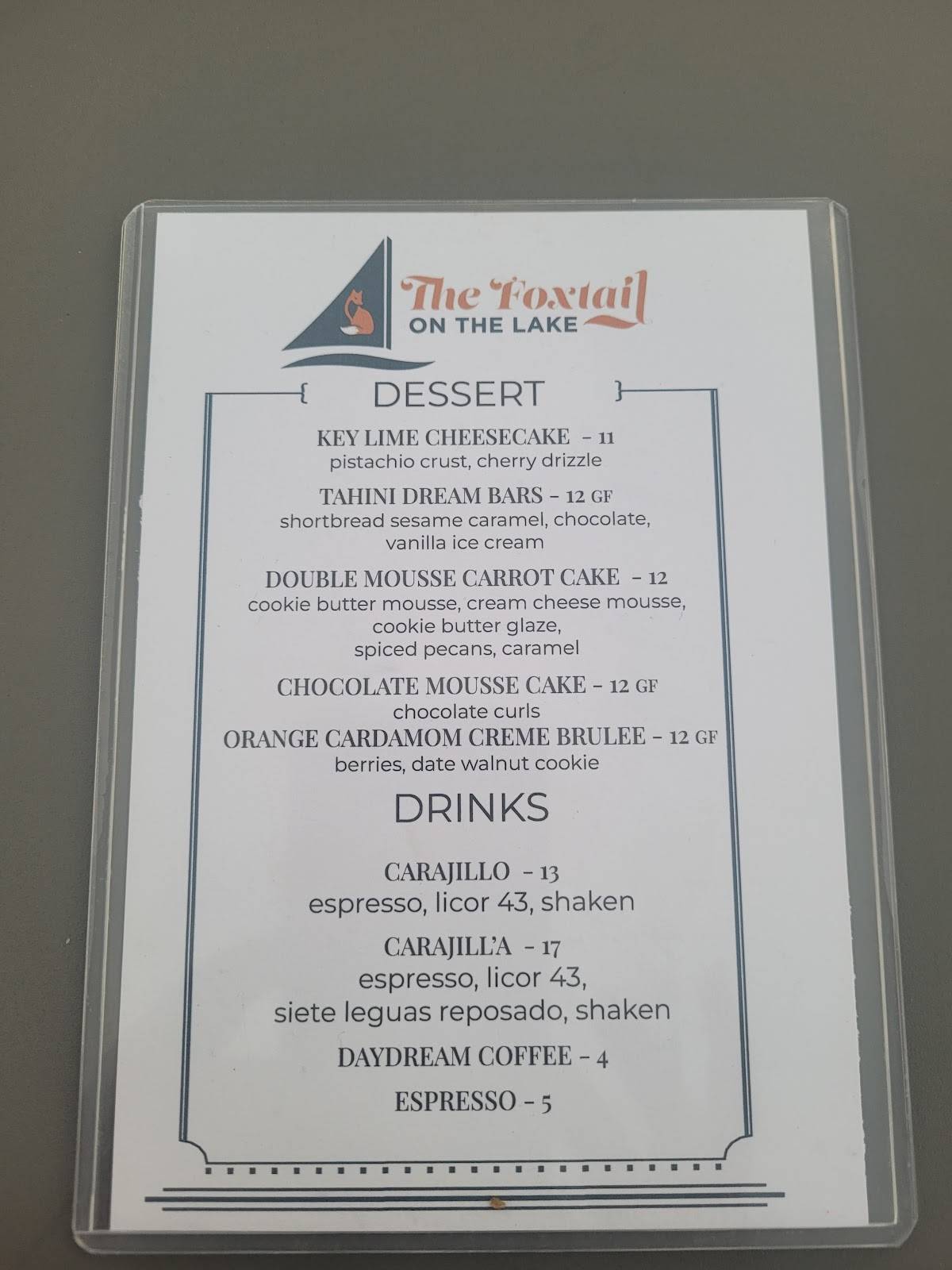 Menu at The Foxtail On The Lake pub & bar, Des Plaines